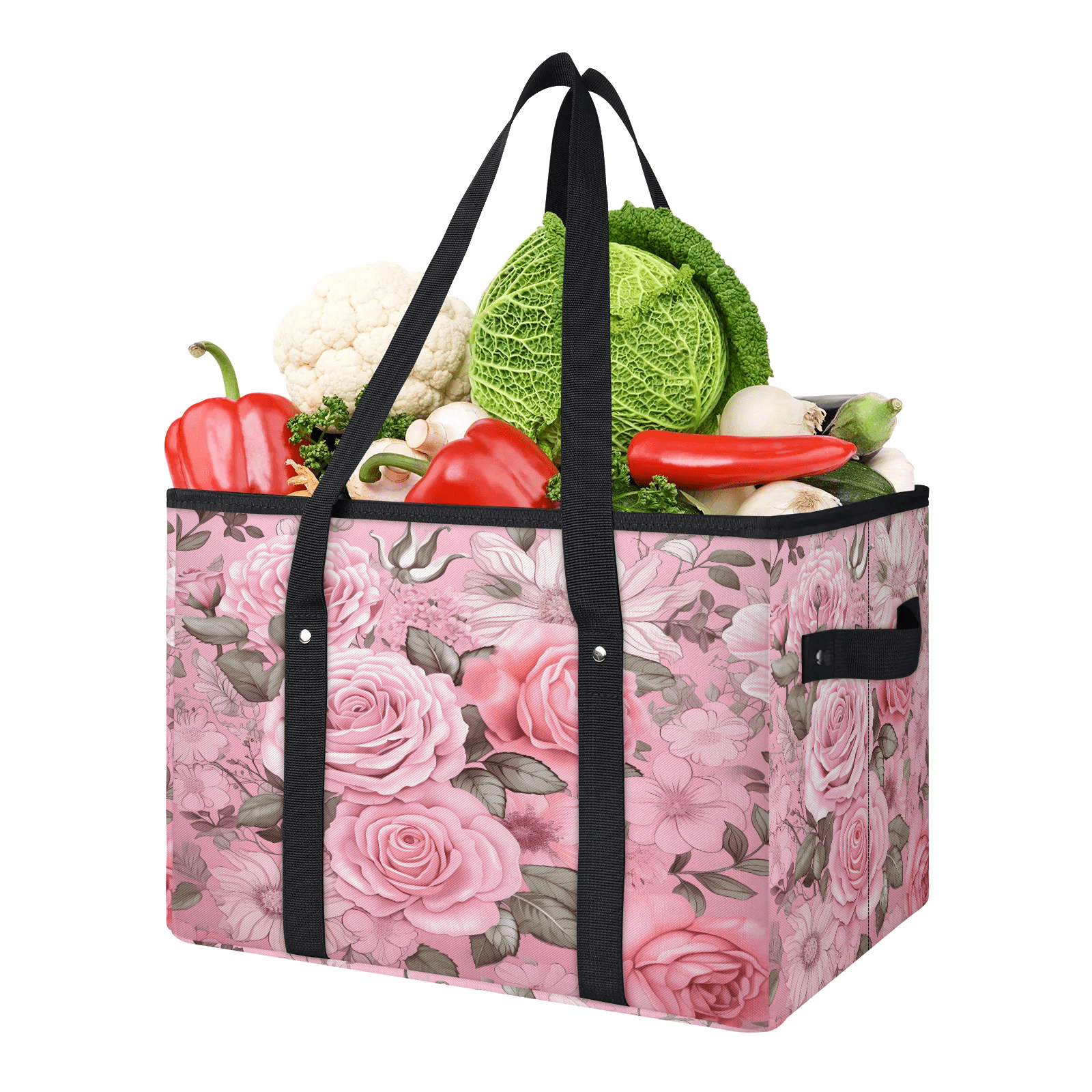 ADECORIVY Pink Rose Leaf Reusable Grocery Bags, Foldable Shopping Bags ...