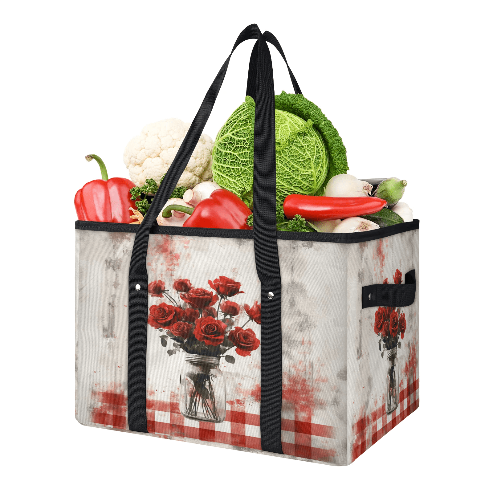 ADECORIVY Red Gingham Reusable Grocery Bags, Foldable Reusable Shopping ...