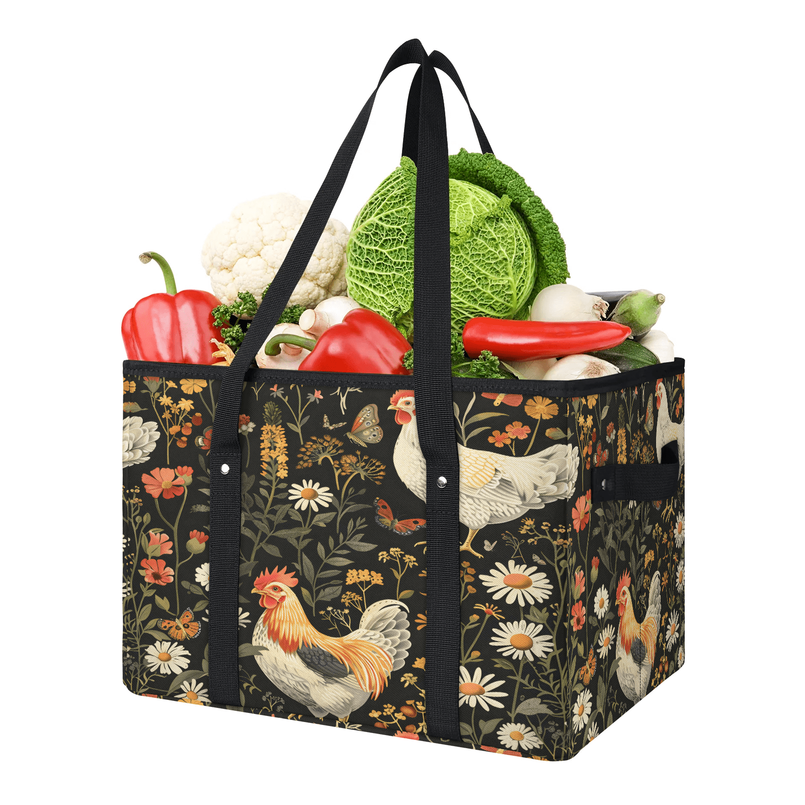 ADECORIVY Rooster Chicken Flower Reusable Grocery Bags, Foldable ...