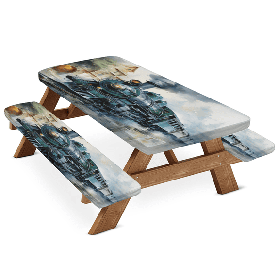 ADECORIVY Vintage Stream Train Picnic Table Cover with Bench Covers ...