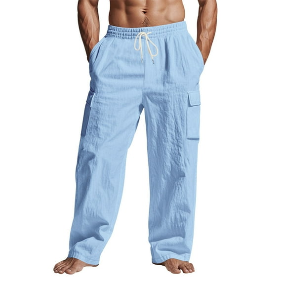ADEYPCGD Men's Solid Color Linen Casual Pants with Breathable Cargo ...