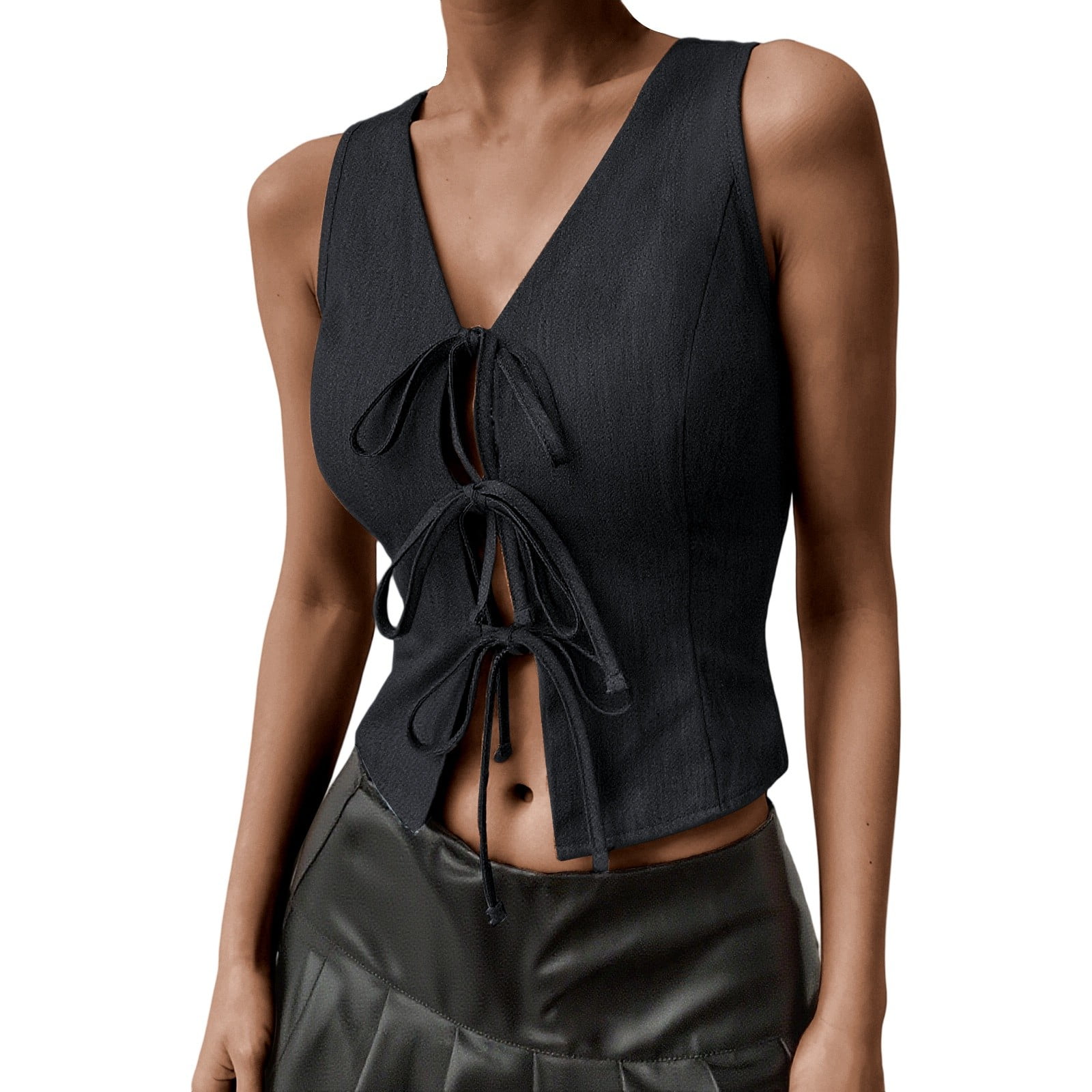 ADEYPCGD Women Tank Tops Sleeveless V-Neck Tie Front Camisole Stretchy ...