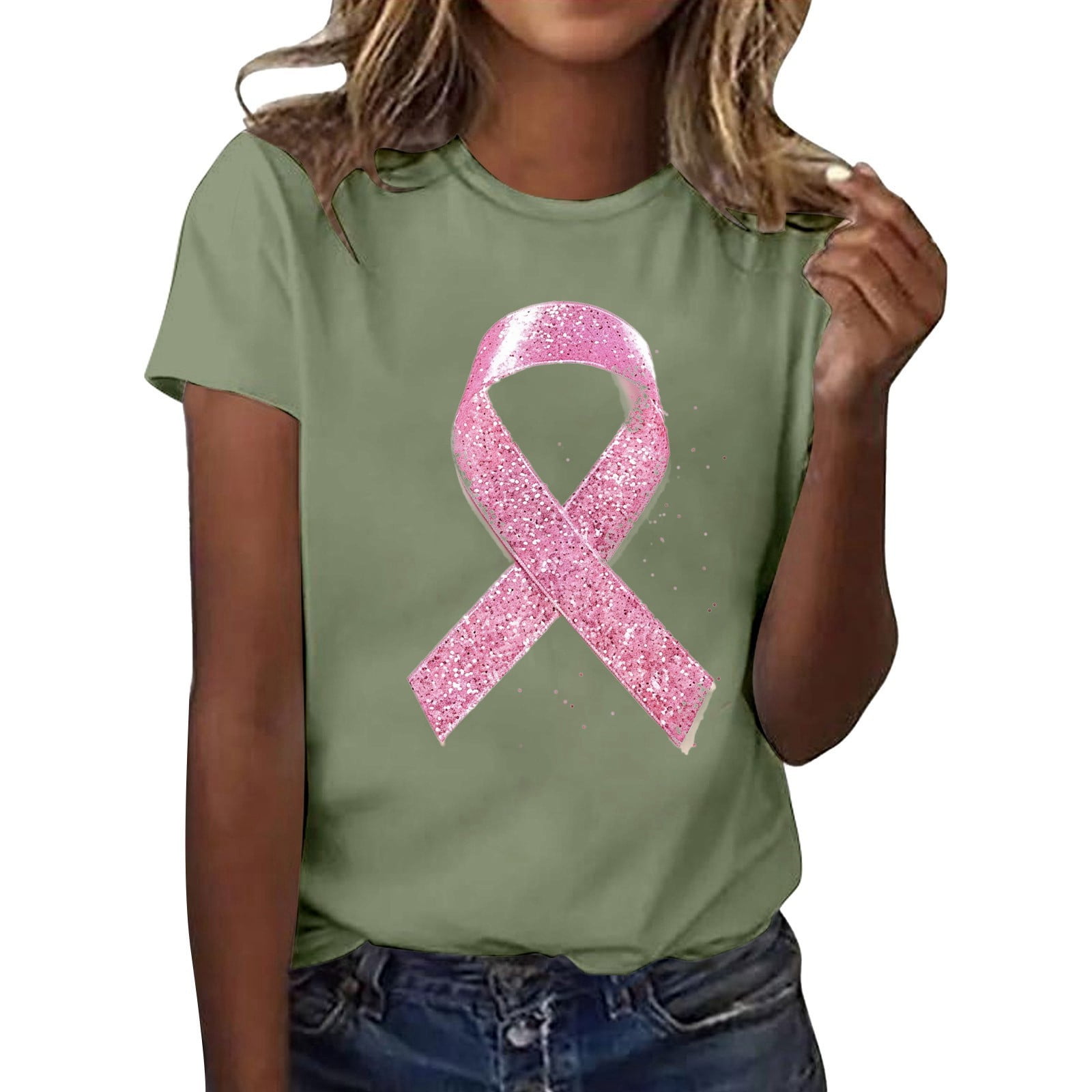 ADEYPCGD Women's Cancer Awareness Ribbon Print Short Sleeve V Neck T ...