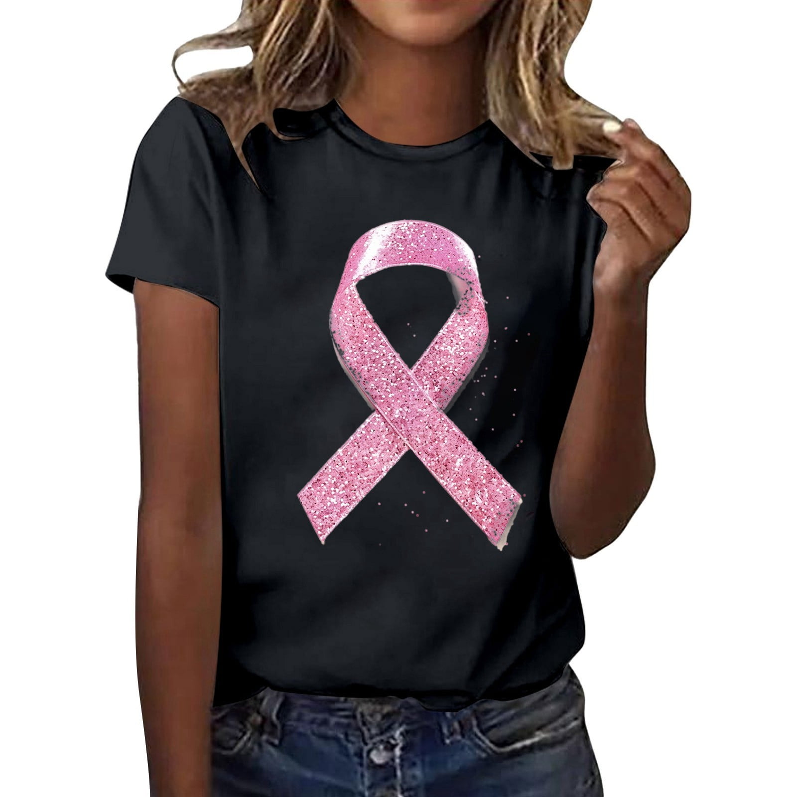 ADEYPCGD Women's Cancer Awareness Ribbon Print Short Sleeve V Neck T ...