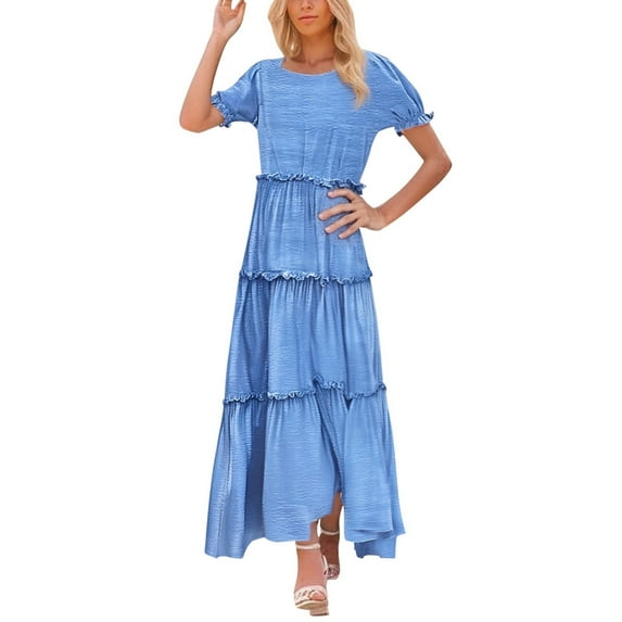 ADEYPCGD Women’s Casual Dress Round Neck Short Sleeve Floral With ...