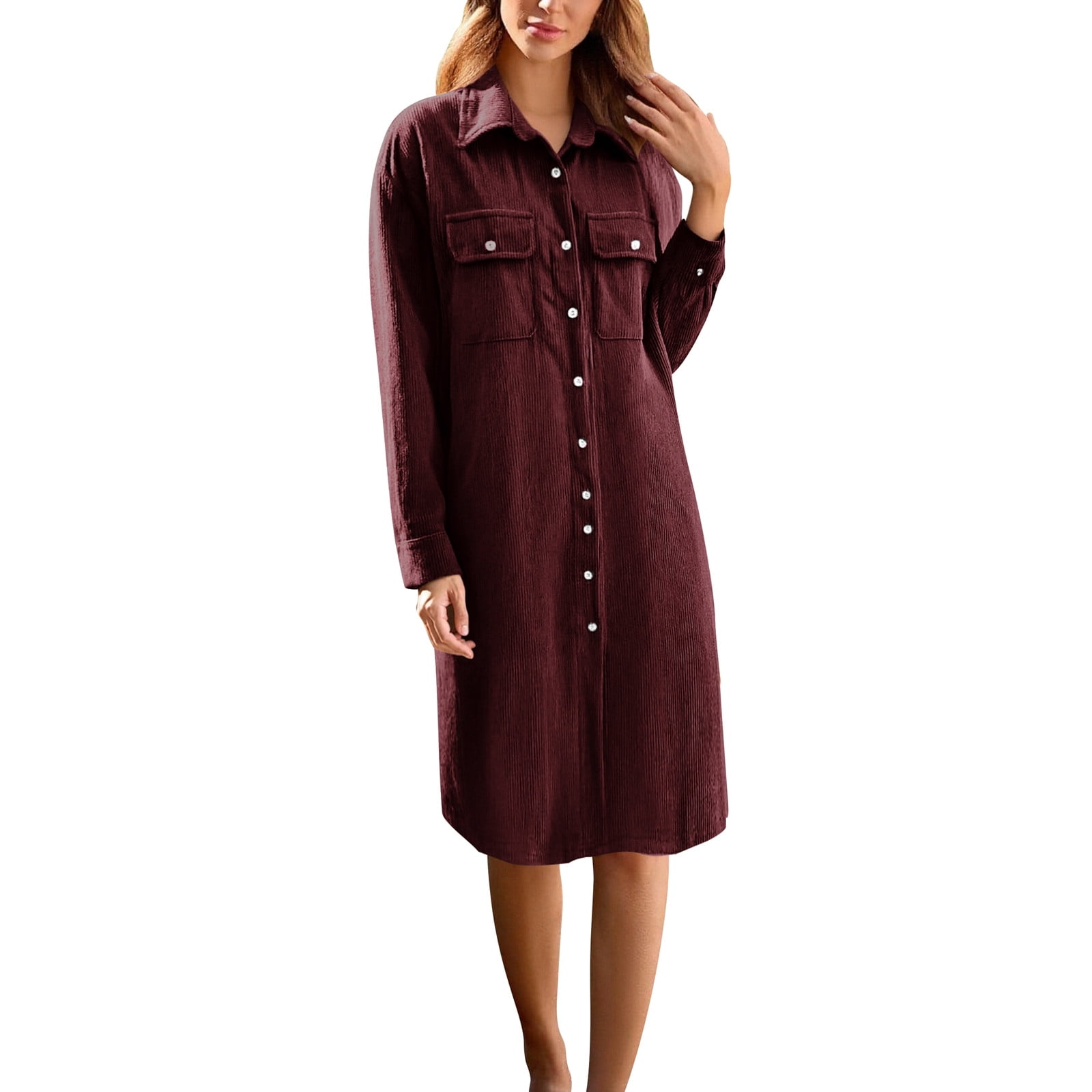 ADEYPCGD Women's Corduroy Long Sleeve Shirt Dress for Everyday Wear ...
