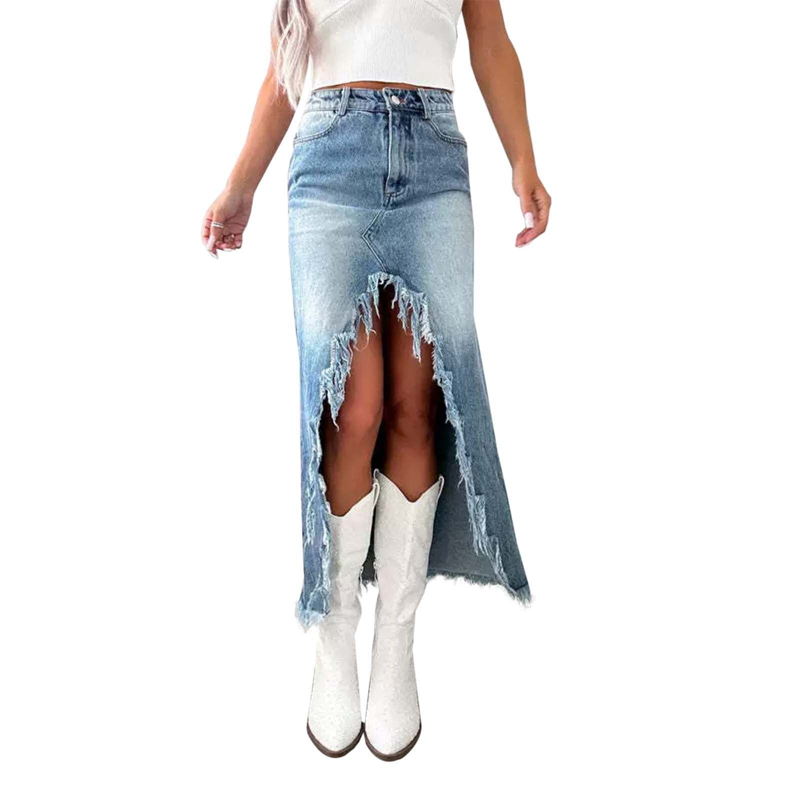 ADEYPCGD Women's High Waist Distressed Denim Skirt Washed Irregular Hem ...