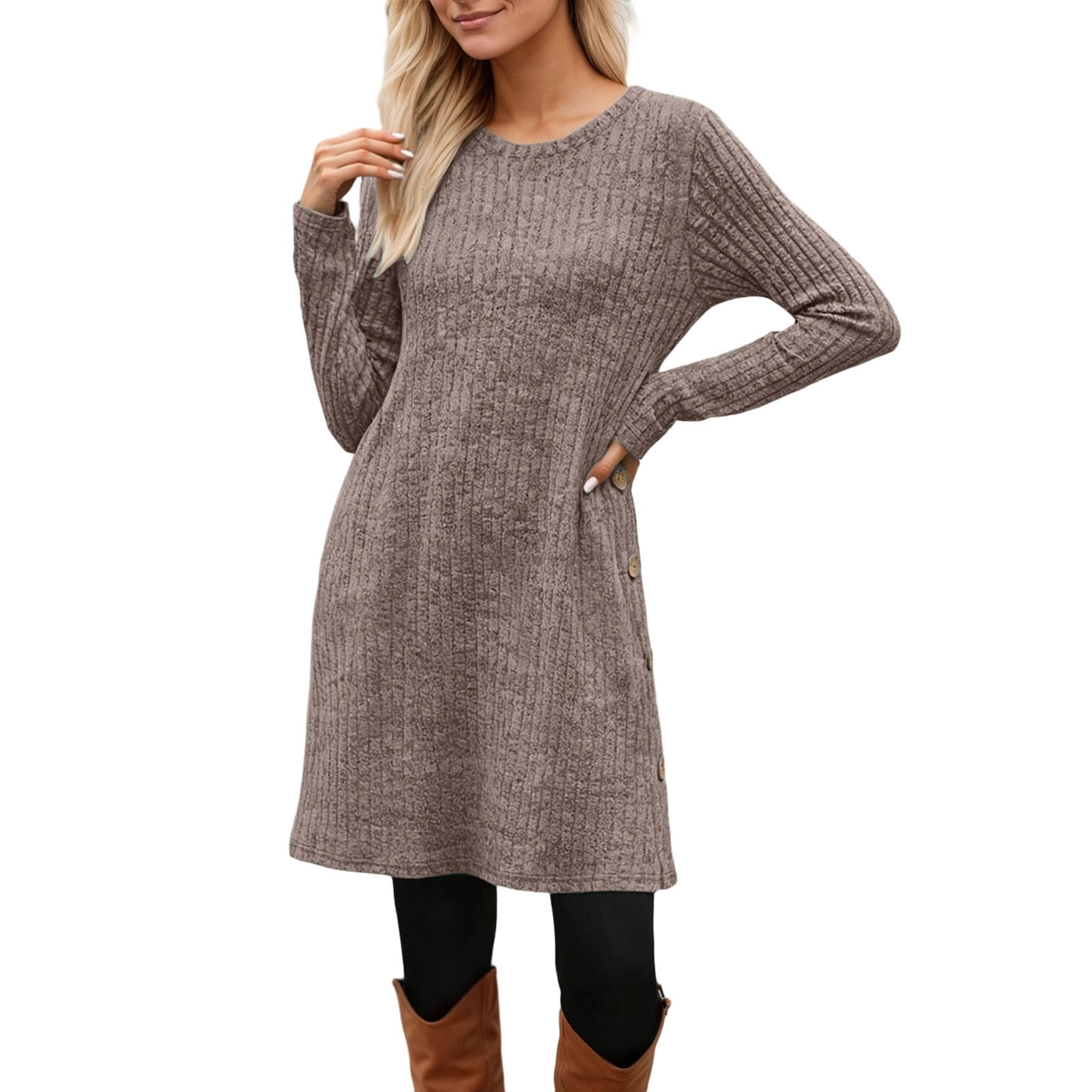 ADEYPCGD Women's Knitted Sweater Dress Casual Long Sleeve Round Neck ...