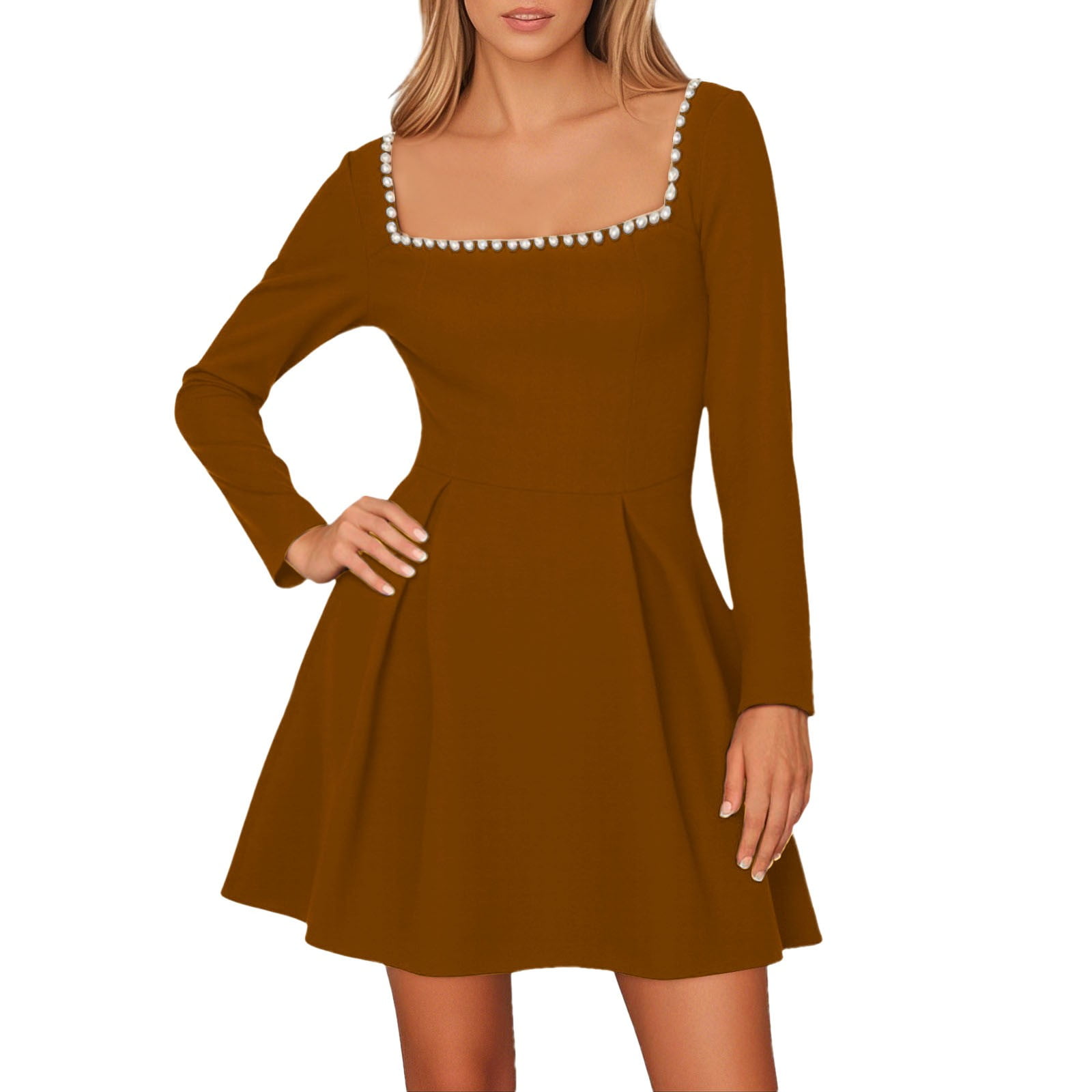ADEYPCGD Women's Long Sleeve Mini Dress Pearl Square Neck Ruffle Hem ...
