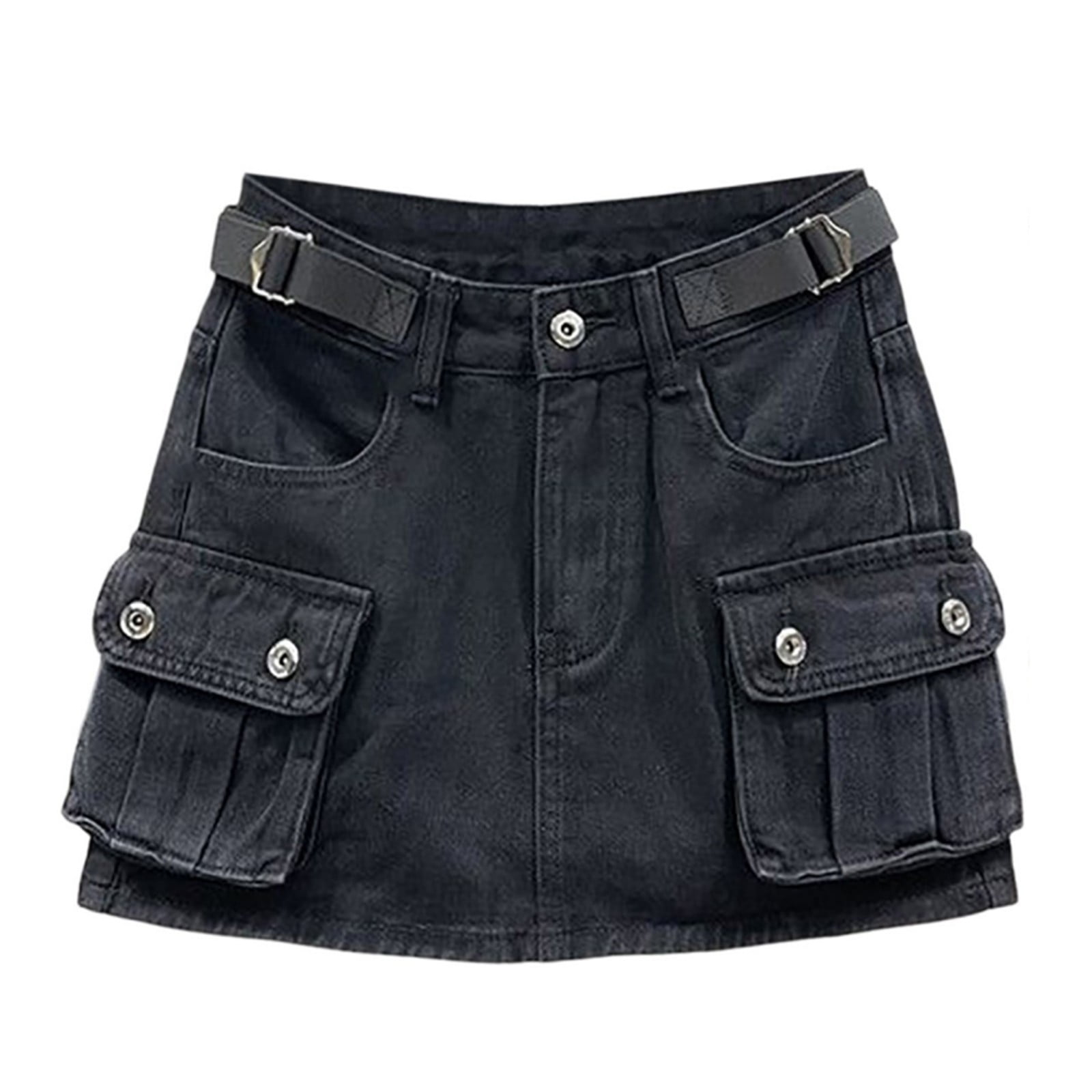 ADEYPCGD Women's Low Waist A-Line Denim Cargo Mini Skirt with ...
