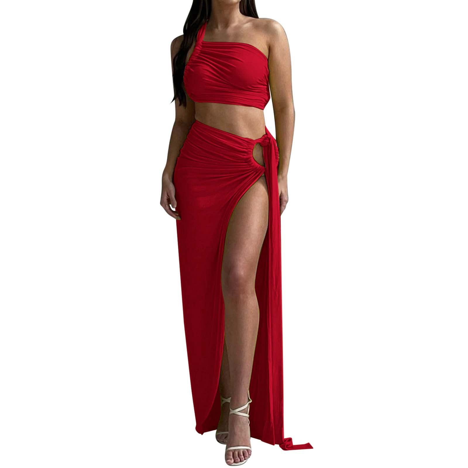 ADEYPCGD Women's One Shoulder Cut Out Two Piece Maxi Dress - Women's ...