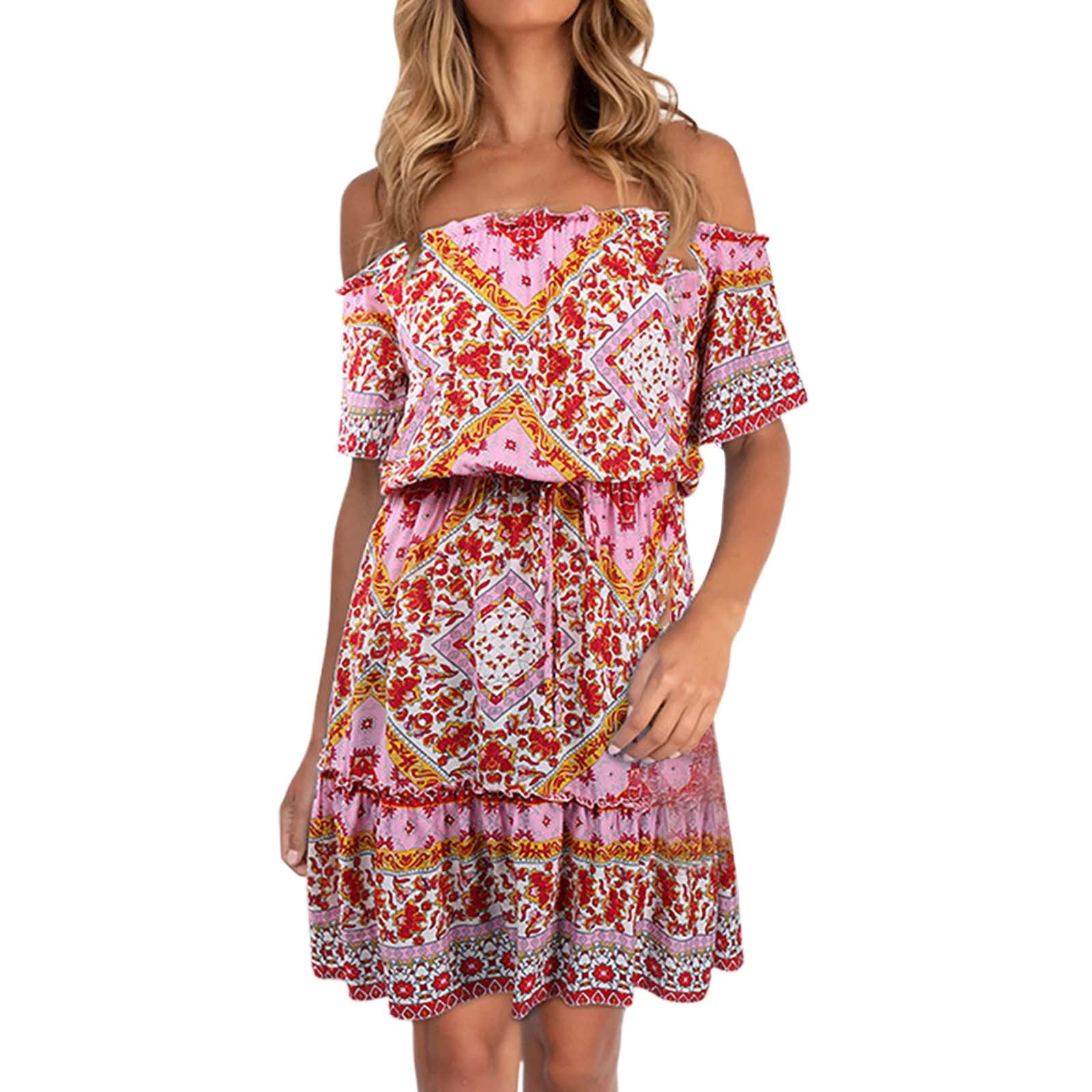 ADEYPCGD Women's Plus Size Dress Bohemian Off The Shoulder Short Sleeve ...