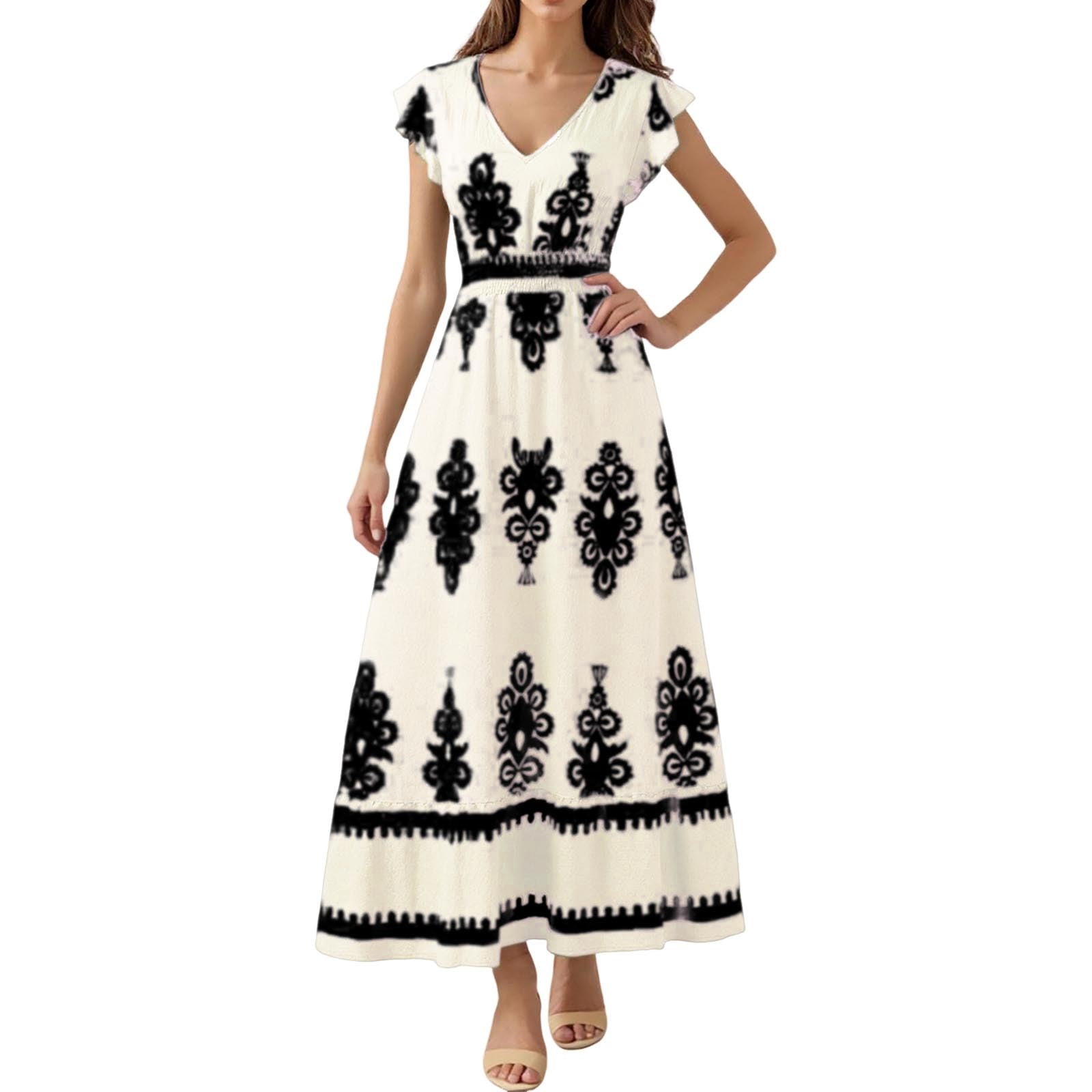 ADEYPCGD Women's Plus Size Dress Shirred Ruffle Trim Cap Sleeve Waist Tie Printed Casual Dress ...