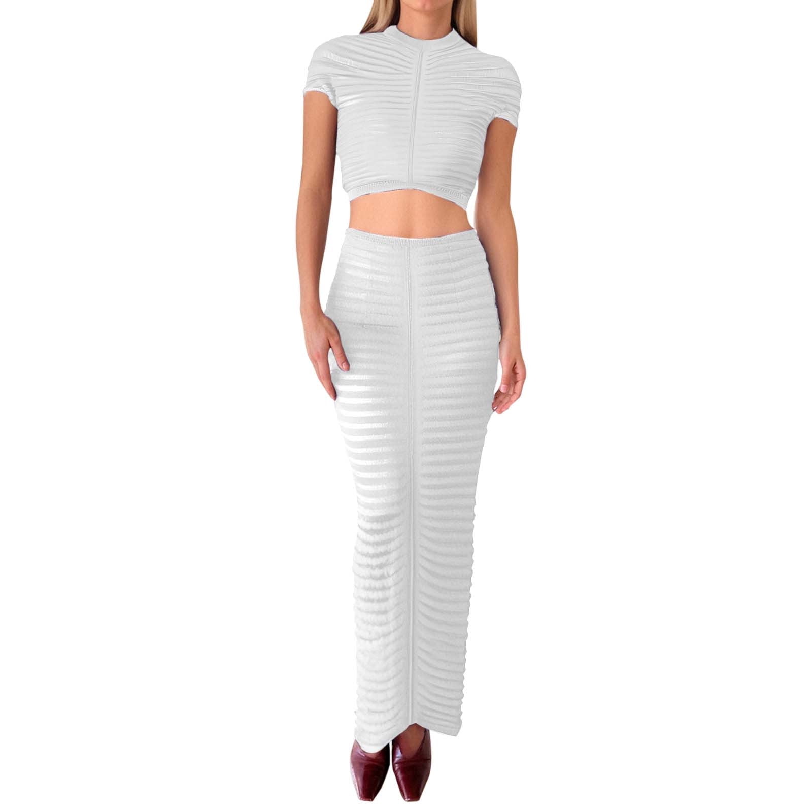 ADEYPCGD Women's Ribbed Knit Two-Piece Set - Mock Neck Crop Top ...