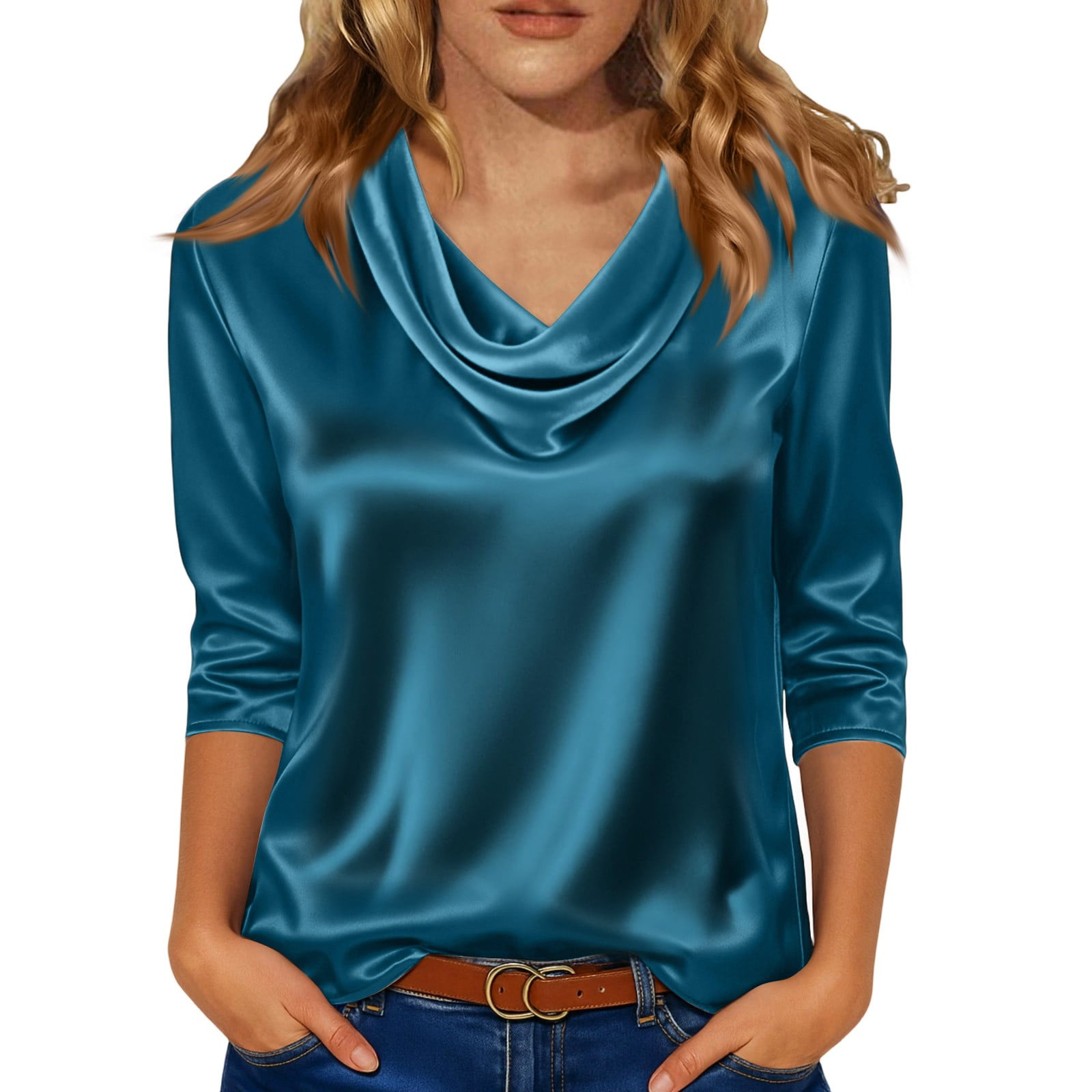 ADEYPCGD Women's Satin High Neck Blouse with Subtle Tiered Collar for ...