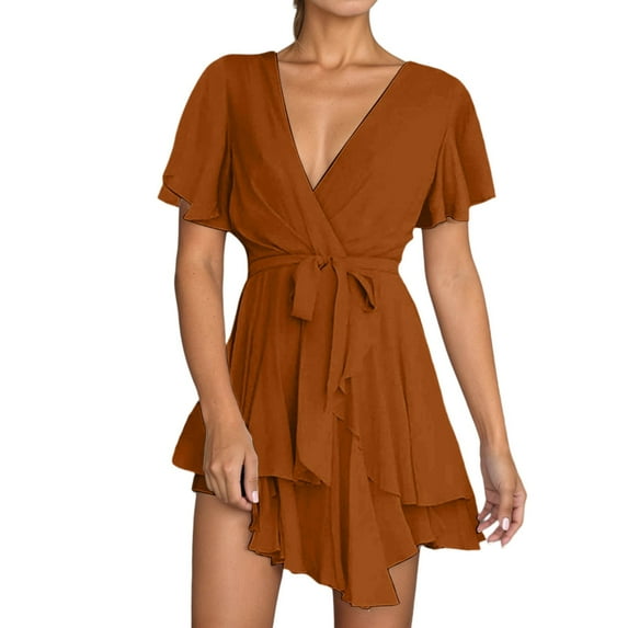 ADEYPCGD Women's Short Sleeve Mini Dress With Tie Waist Flounce Hem For ...