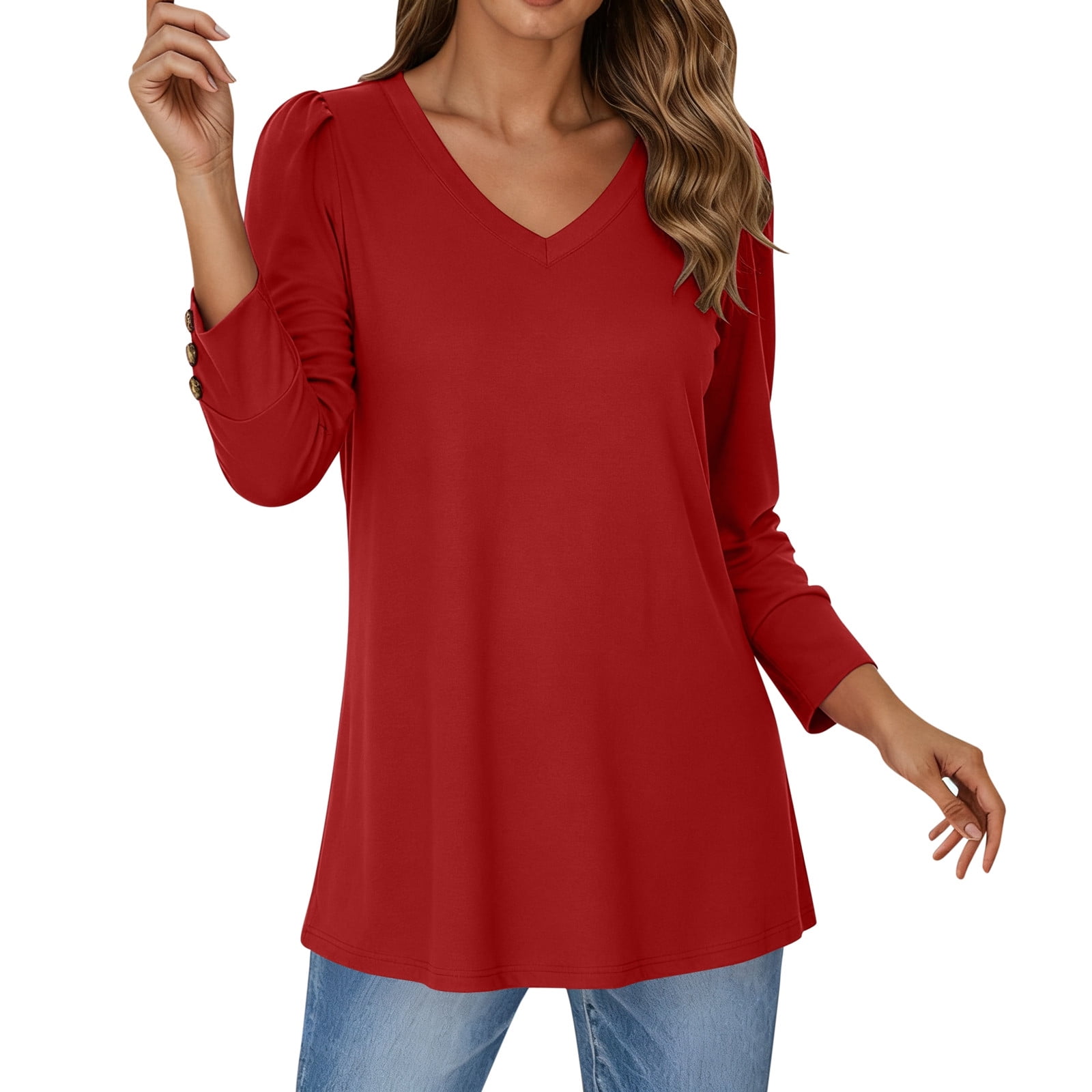 ADEYPCGD Women's Solid Color Elegant Puff Sleeve Button Down V Neck Tee ...