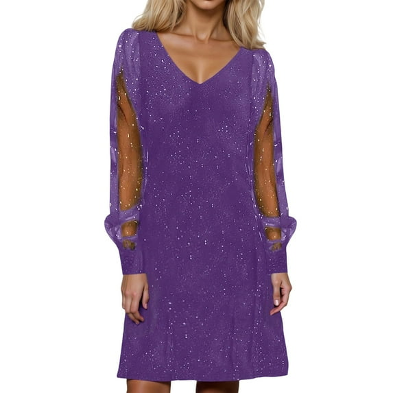 ADEYPCGD Women's Sparkle V Neck Dress - Women's Sheer Sleeve Glitter ...