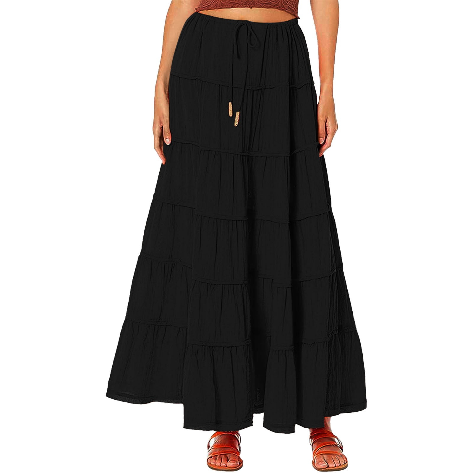 ADEYPCGD Women's Summer Resort Style Drawstring Waist A-Line Maxi Skirt ...