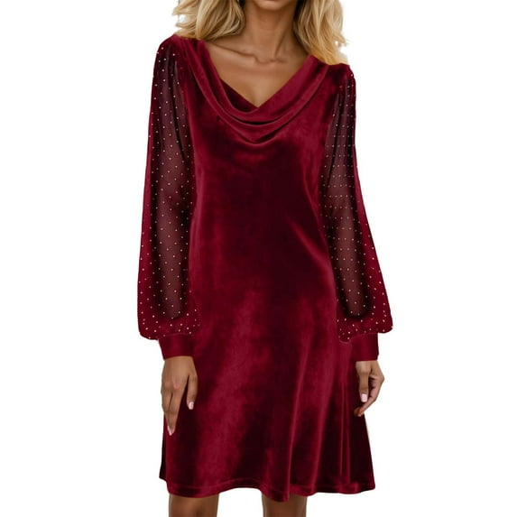 ADEYPCGD Women's Velvet Cowl Neck Dress - Women's Sheer Polka Dot Long ...
