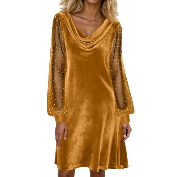 ADEYPCGD Women's Velvet Cowl Neck Dress - Women's Sheer Polka Dot Long ...