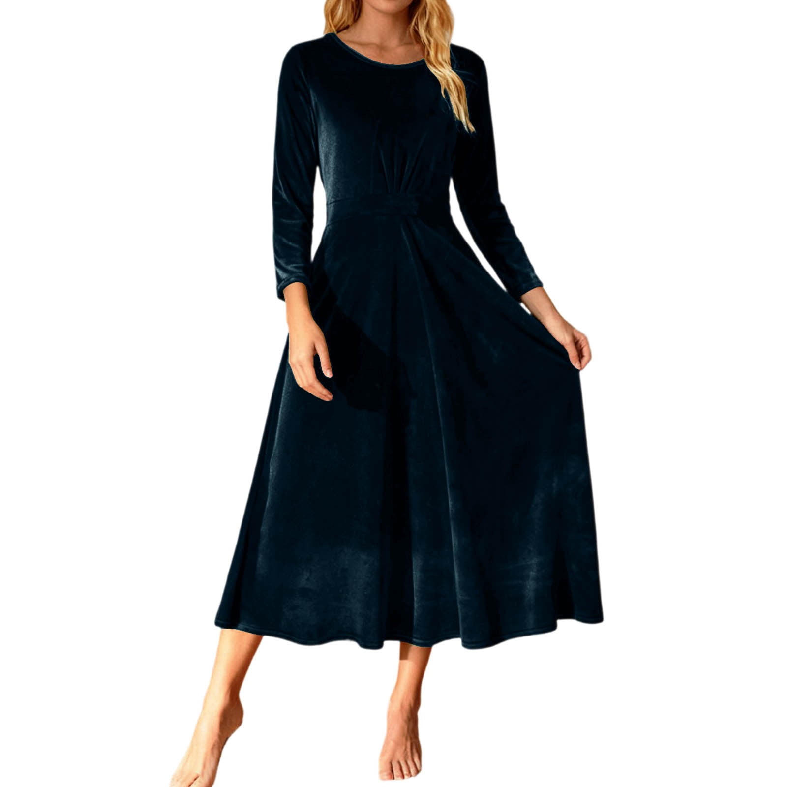 ADEYPCGD Women's Velvet Long Sleeve Evening Gown with Pleated Detail ...