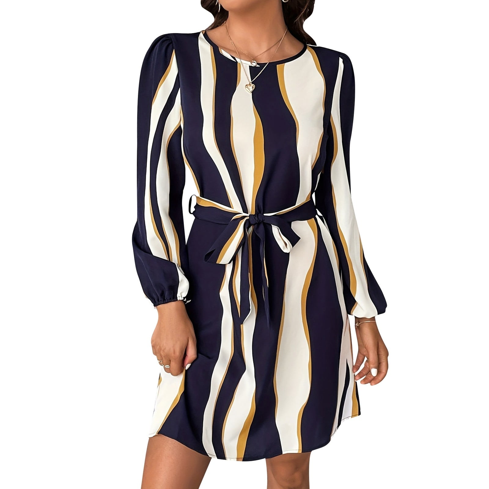 ADEYPCGD Women's and Women's Plus Size Dress Timeless Belted Striped ...
