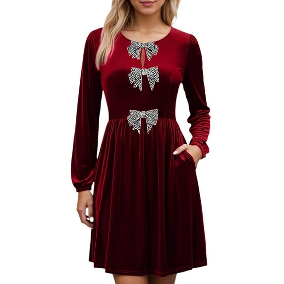 ADEYPCGD Womens Velvet Dress Fall Winter Long Sleeve Bowknot High ...