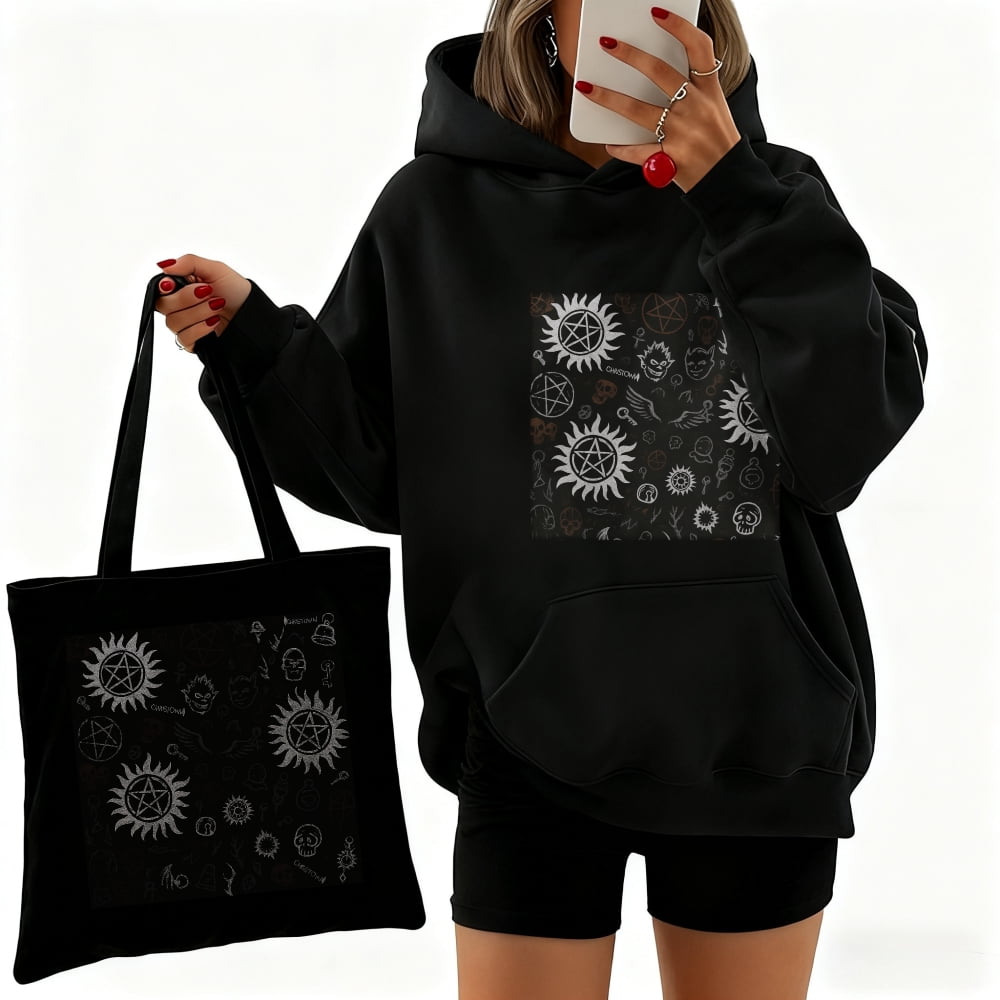 ADHART Gothic Occult Print Hoodie & Tote Set: Hoodies for Men for Halloween Parties/Thanksgiving ...