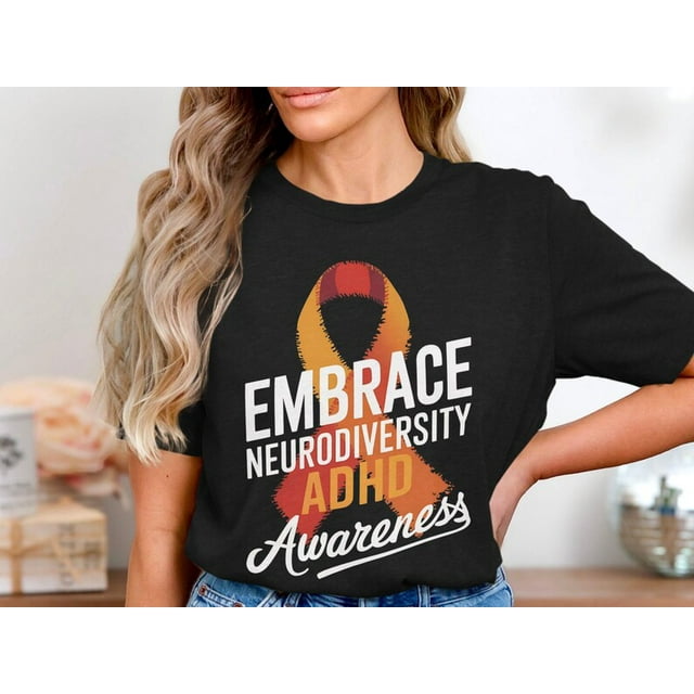 ADHD Awareness Embrace Neurodiversity Tee, Orange Ribbon ADHD ...