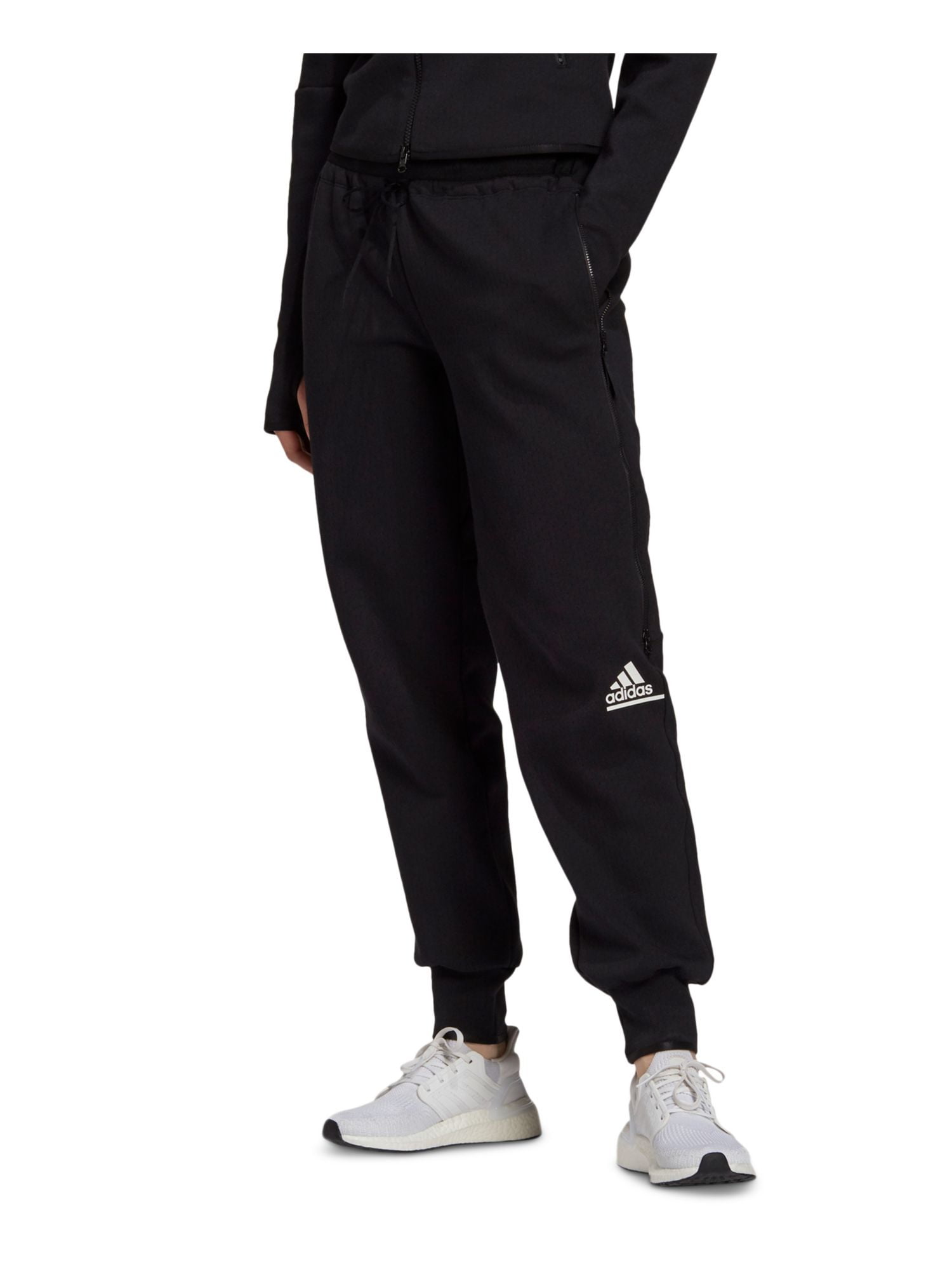 ADIDAS Womens Black Tie Pocketed Two-way Zippers At Thighs Logo Graphic ...