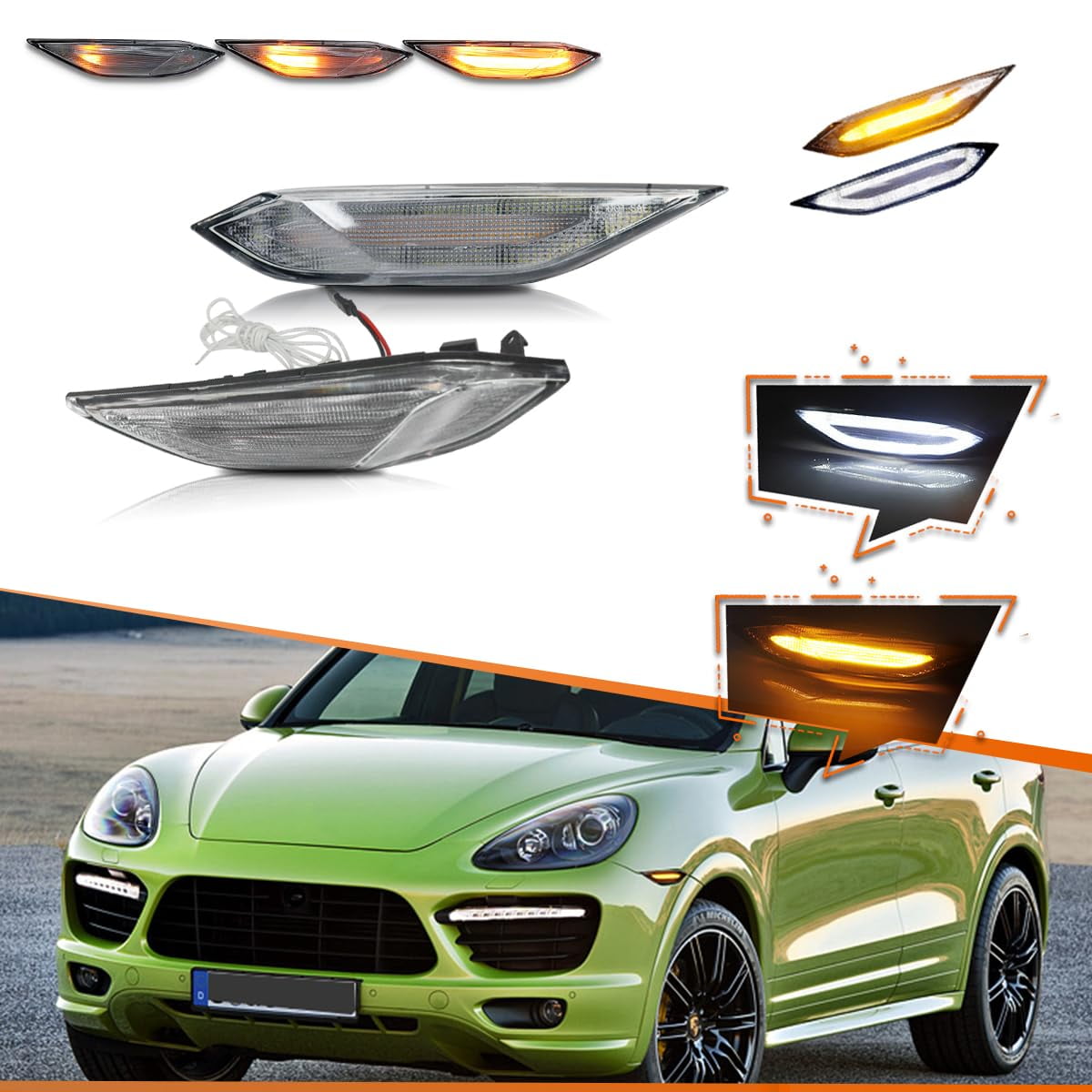 ADIIL For 2011-2014 Porsche Cayenne 958 Clear Lens Sequential LED Side ...