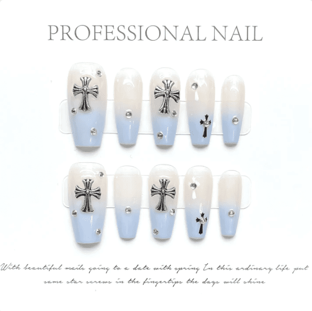 ADITYSHOP - Handmade Azure & Argent Cross Press-On Nails Medium Blue ...