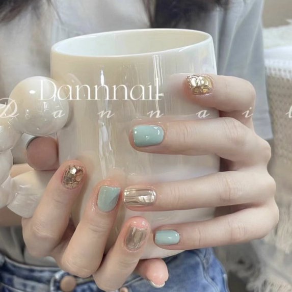 Mané Nails - Handmade Azure Cream Champagne Press-On Nails Medium, Kit ...