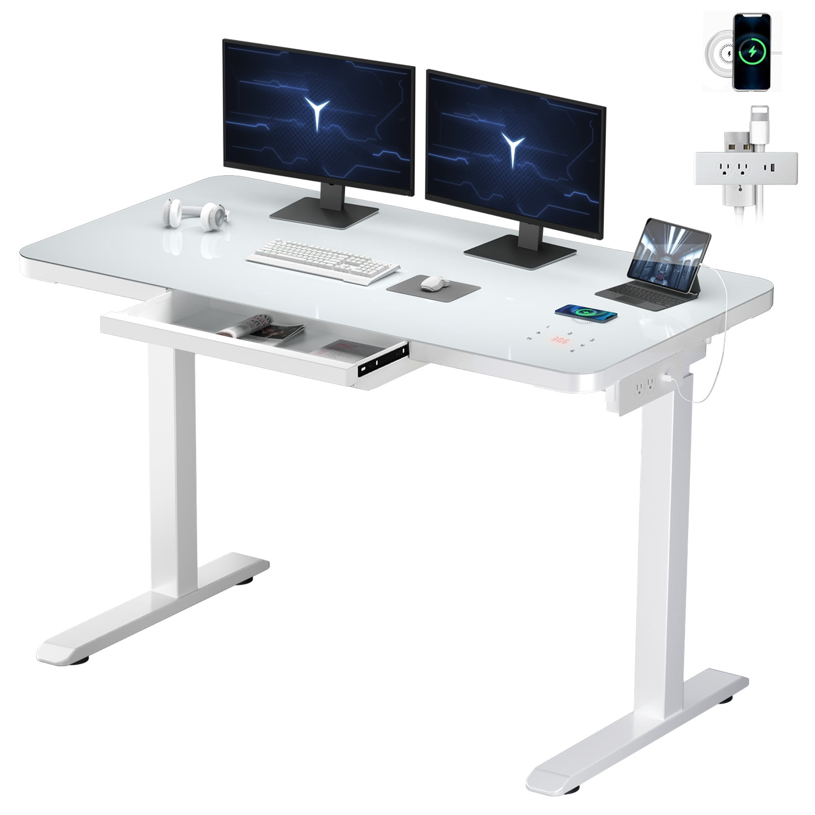 ADOFFUR Electric Glass Standing Desk with Drawers, Dual Motor Height ...