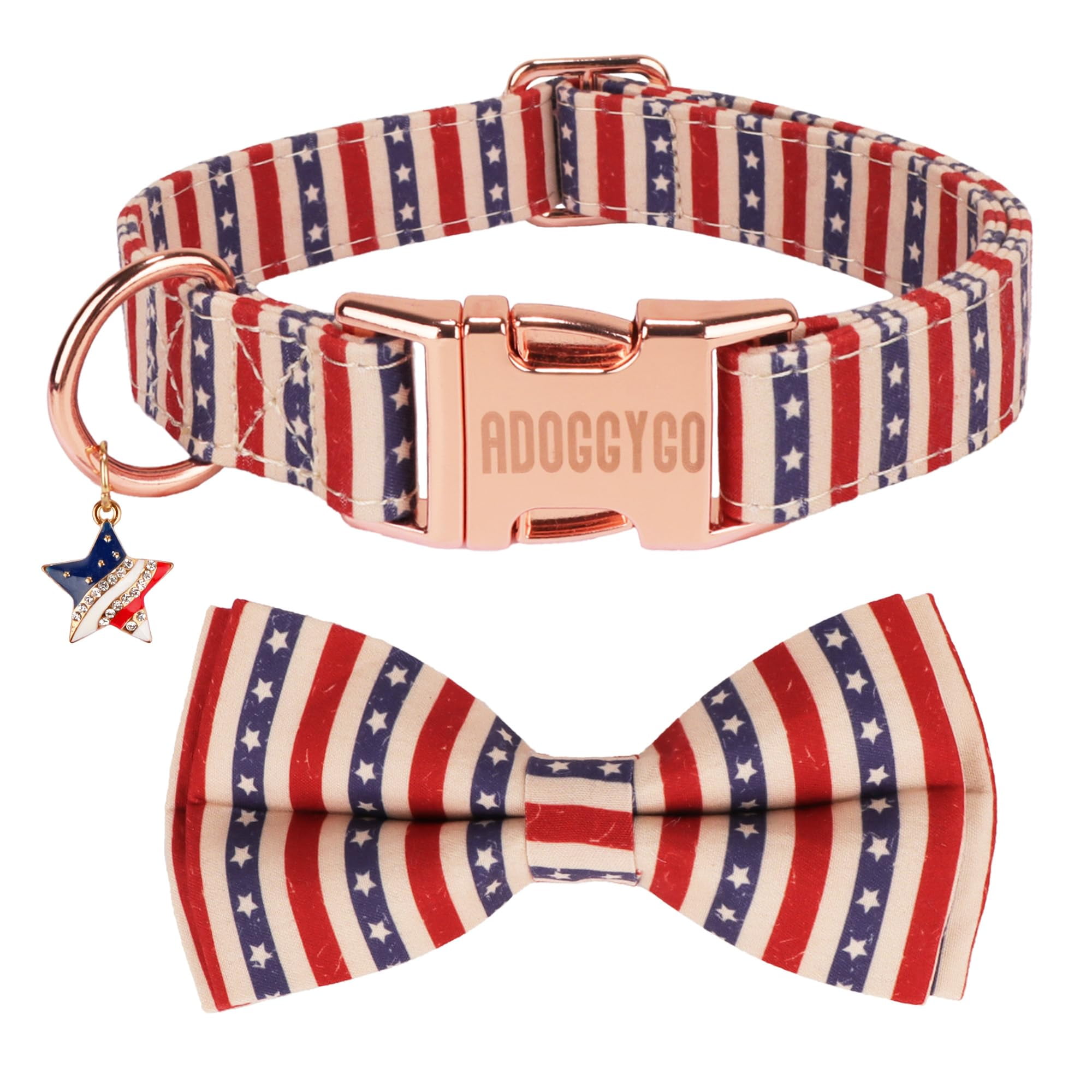 ADOGGYGO American Flag Dog Collar with Bow, Detachable Striped Star Bow ...