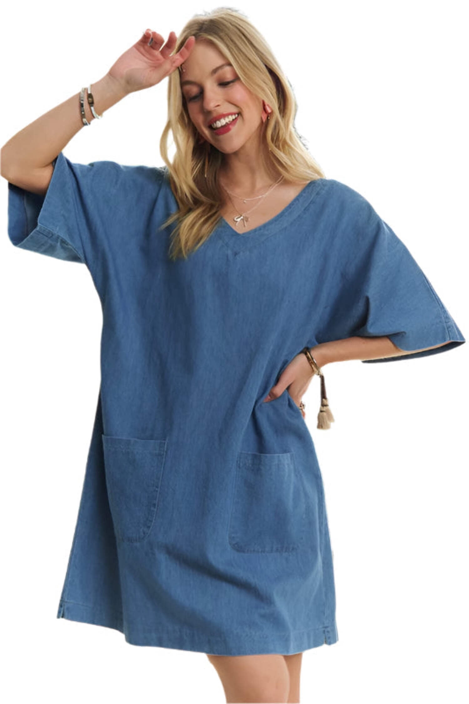ADORA V-Neck Half Sleeve Mini Denim Dress - Walmart.com
