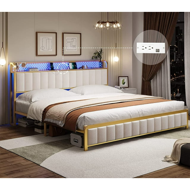 ADORNEVE King Size Bed Frame with LED Light & USB Ports, Upholstered ...