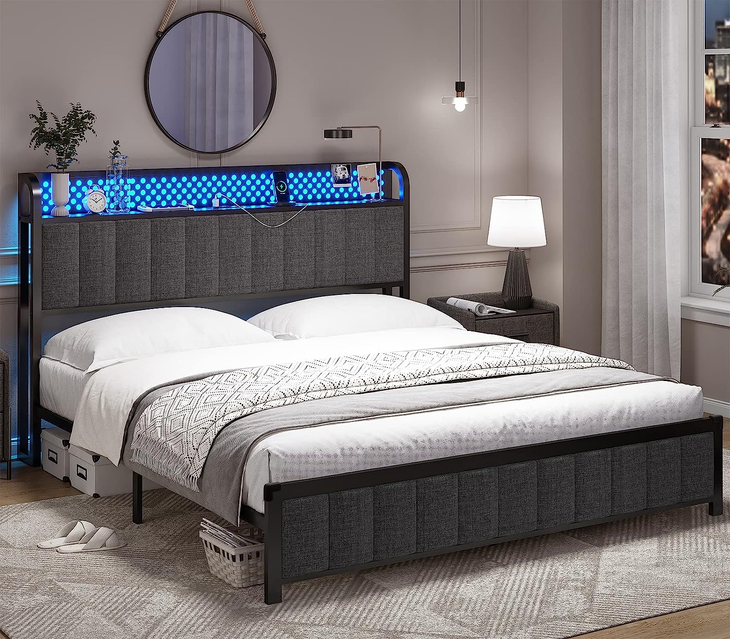 ADORNEVE Queen LED Bed Frame with Storage, Upholstered Platform Bed ...