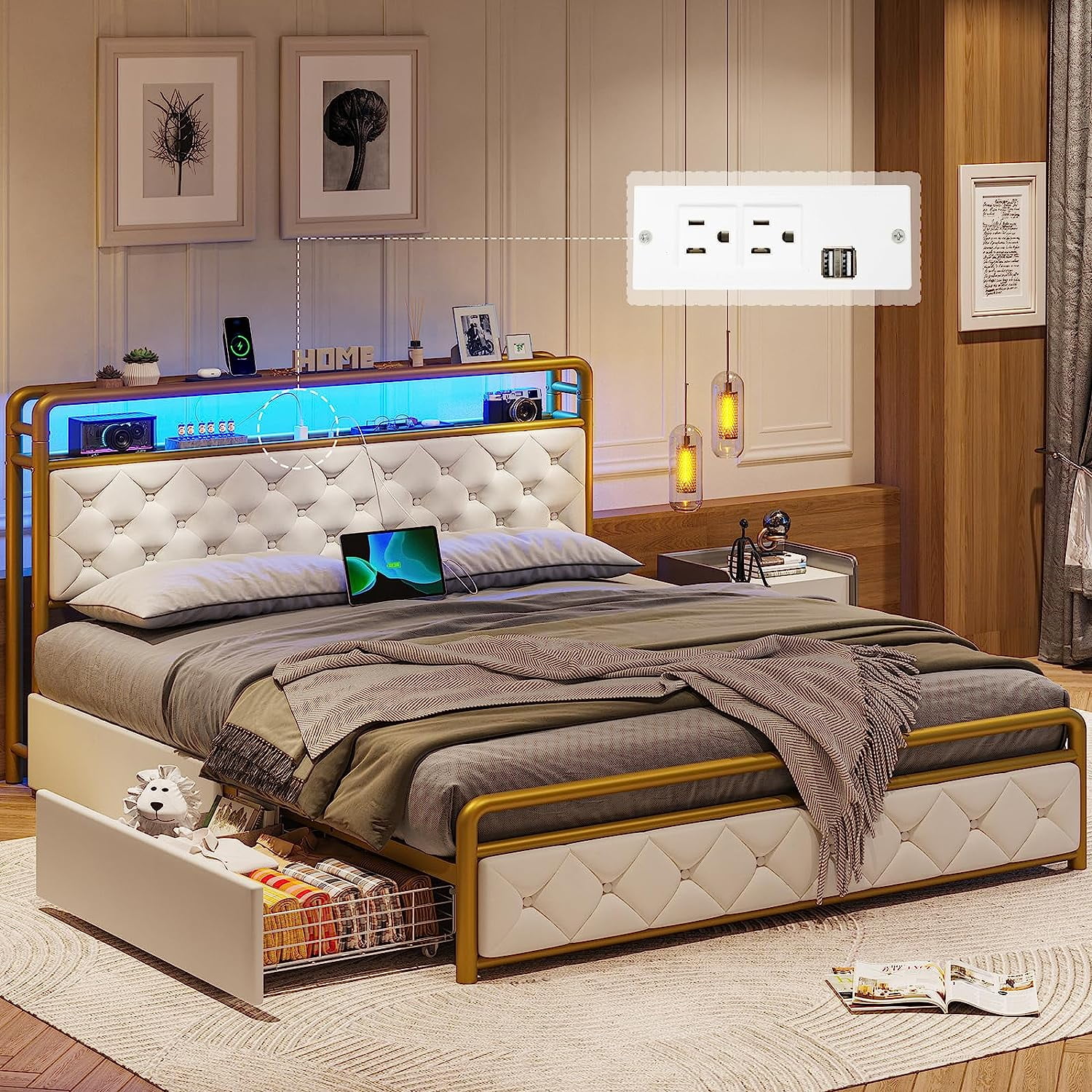 ADORNEVE Queen LED Bed Frame with Upholstered Headboard, Charging Ports ... ADORNEVE Queen LED Bed Frame with Upholstered Headboard, Charging Ports ...