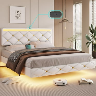 Homfa Full Size LED Bed with Headboard Charger, Underbed Storage & Wood ...