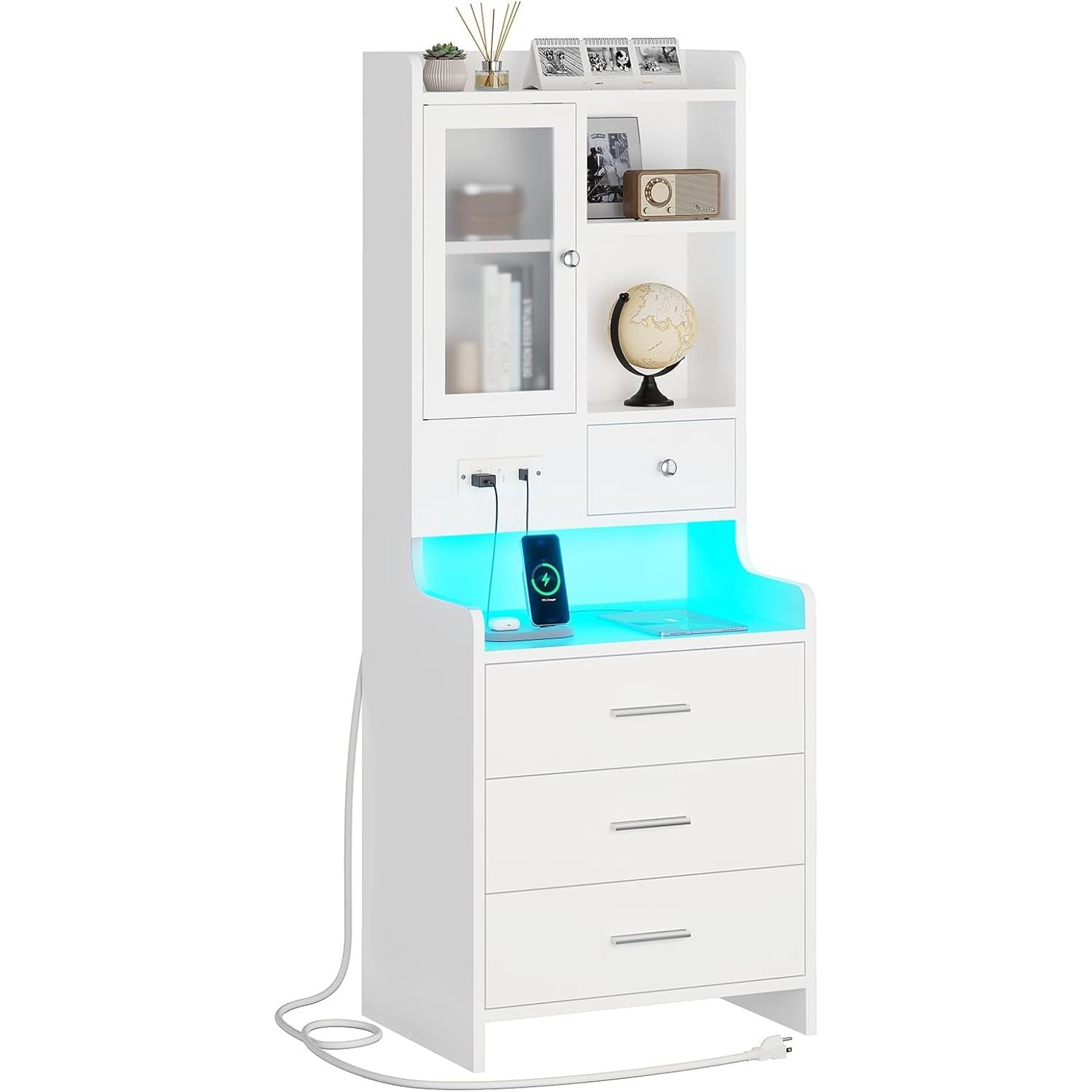 ADORNEVE Tall Night Stand with Charging Station and LED Lights,49.2 ...