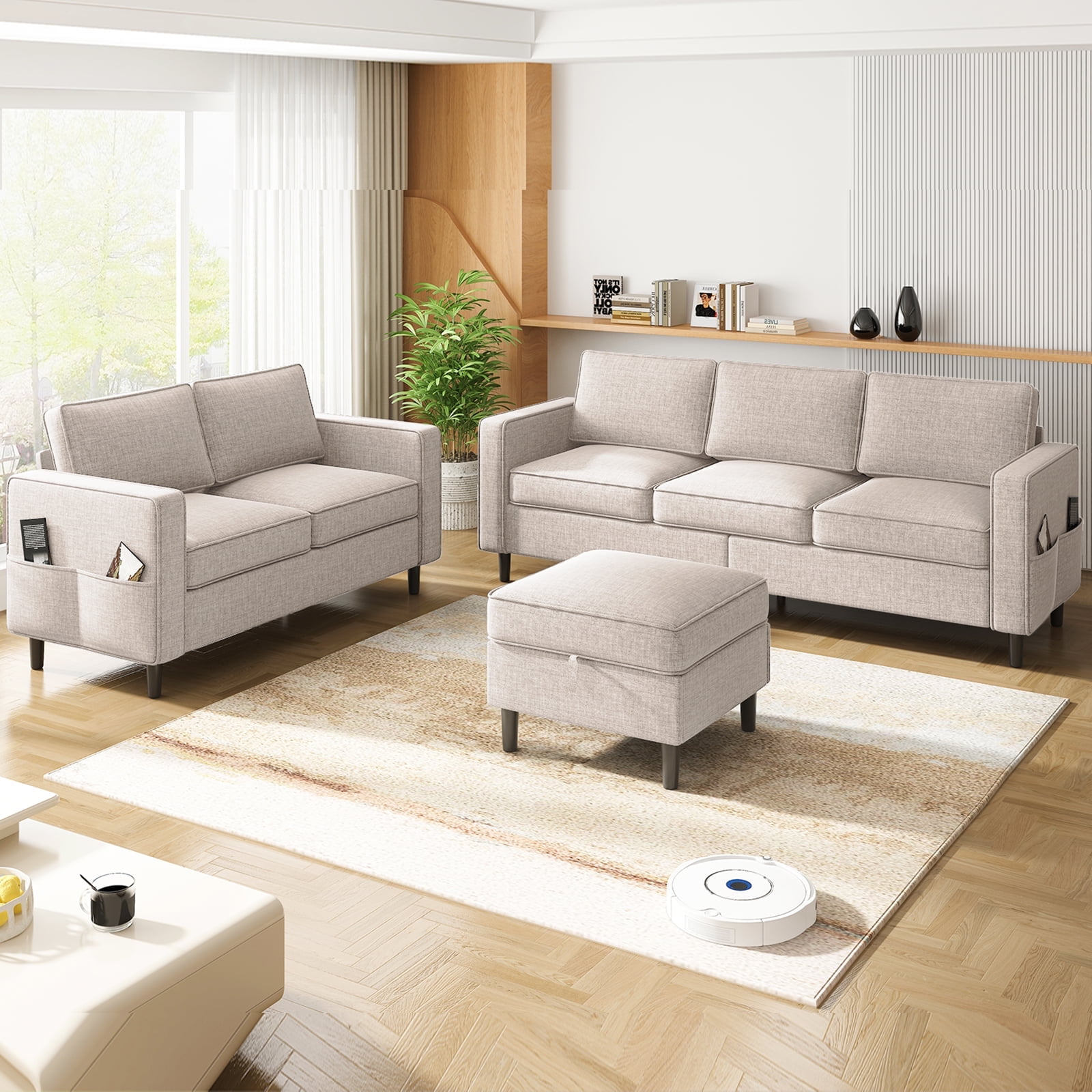 ADOWORE 2 Pieces Loveseat and Sofa Sets with Storage Ottoman,Linen ...
