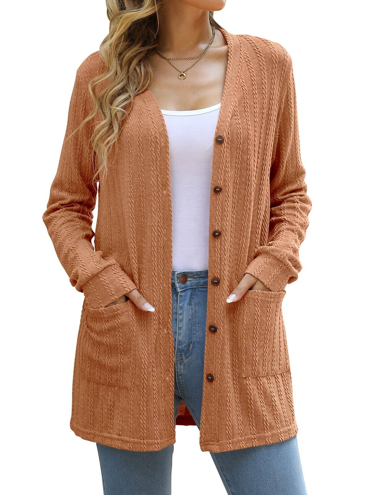 ADREAMLY Cardigan Coat with Pockets for Women Button Down Long Sleeve ...