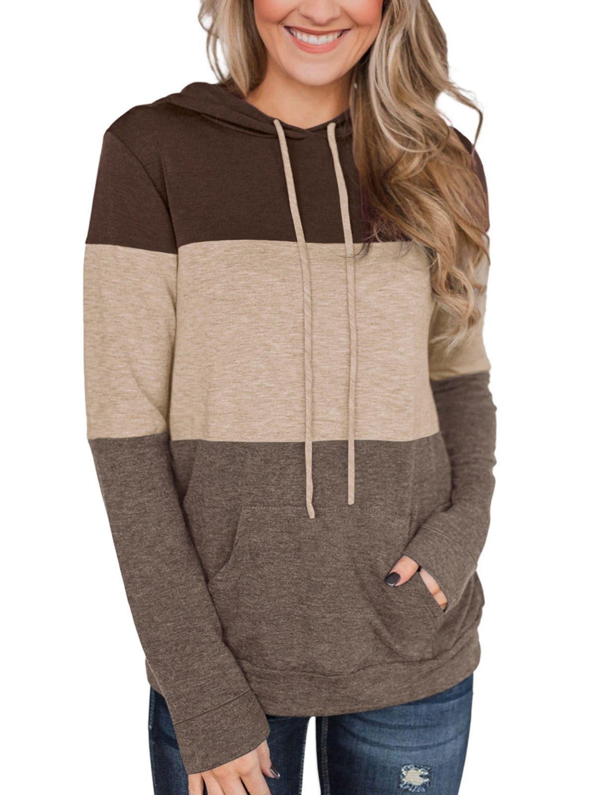 ADREAMLY Color Block Long Sleeve Hoodie Sweatshirts for Female with ...