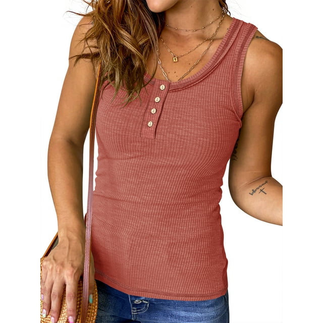 ADREAMLY Henley Ribbed Tank Tops for Women Button Down Sleeveless Top ...
