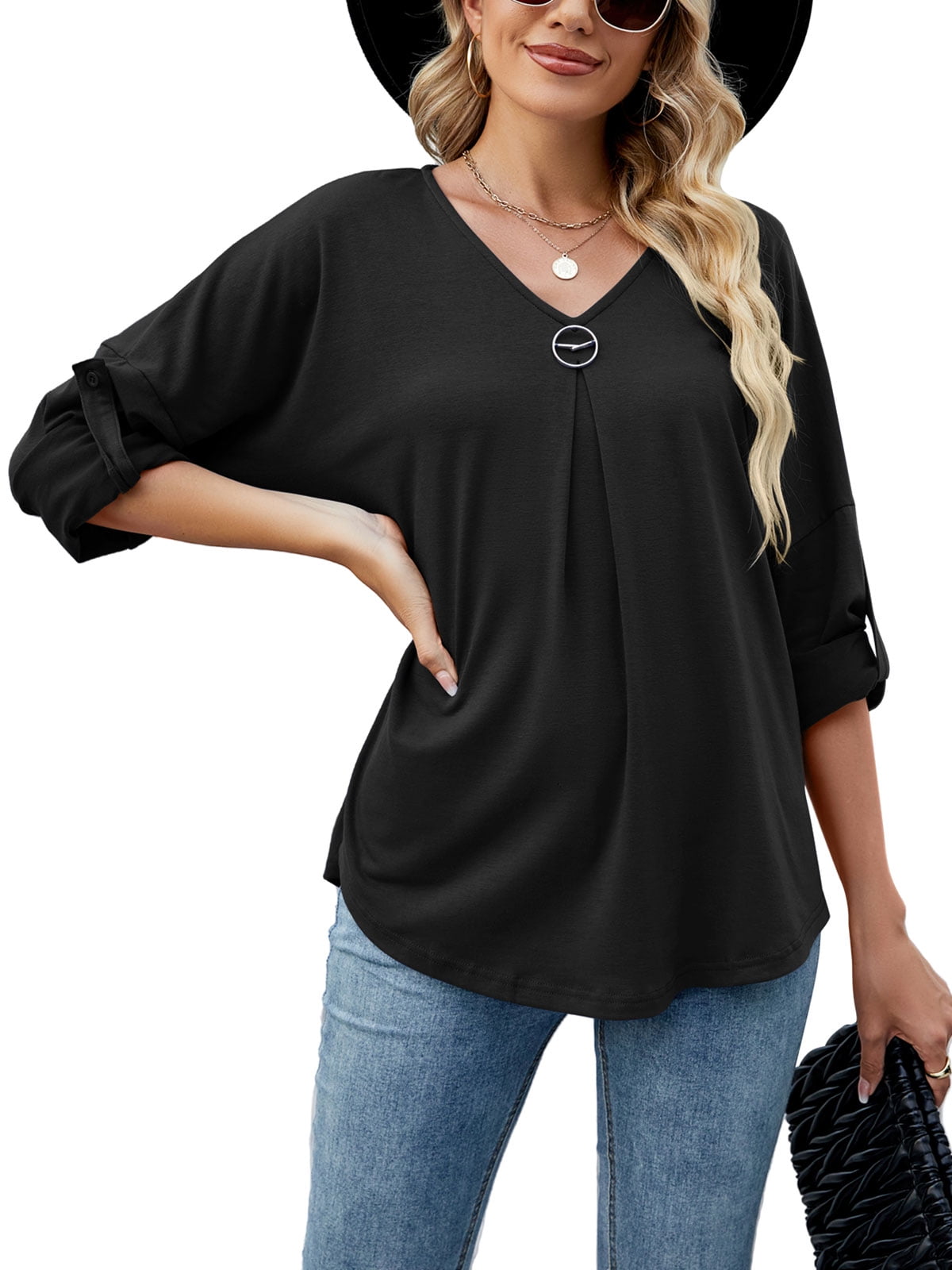 ADREAMLY Women 3/4 Sleeve Tunic Tops Button V Neck Plus Size Tunic ...