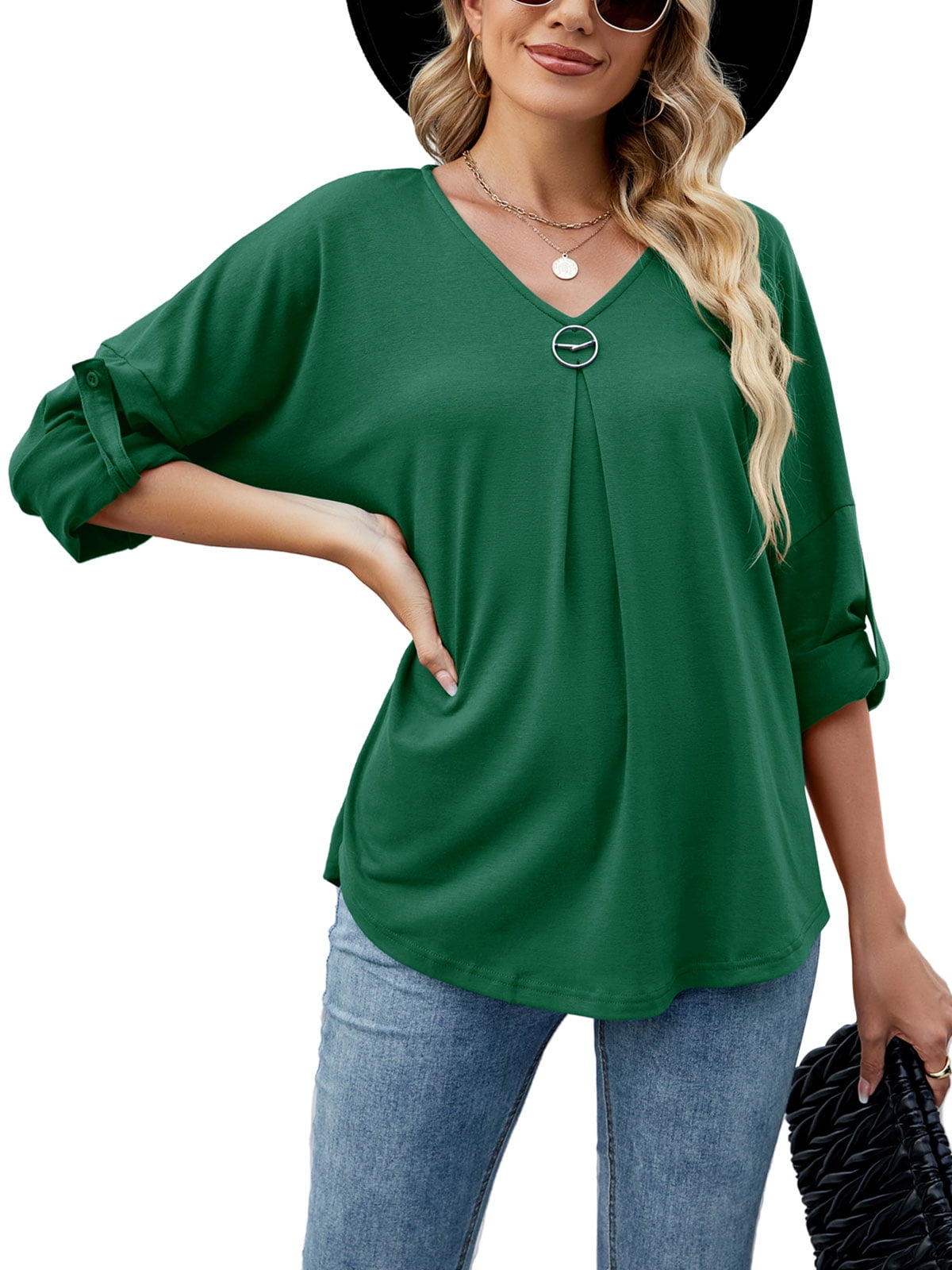 ADREAMLY Women 3/4 Sleeve Tunic Tops Button V Neck Plus Size Tunic ...