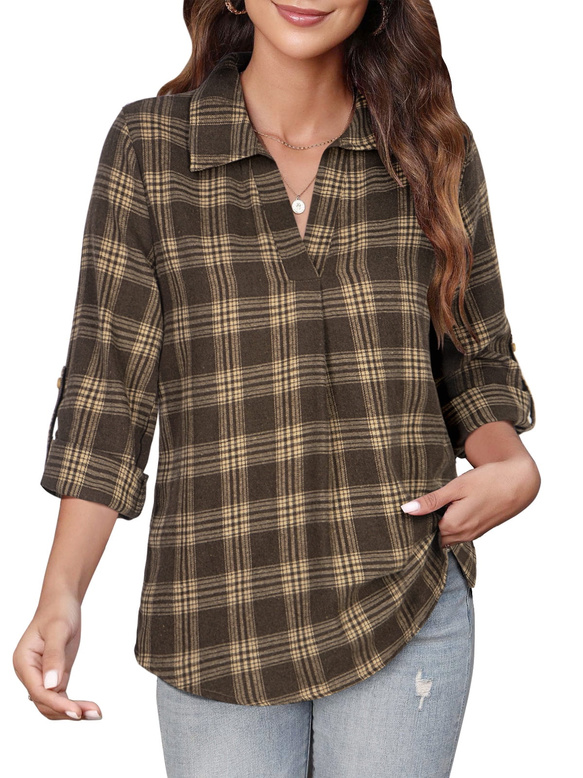 ADREAMLY Women's Plaid Shirts 3/4 Sleeve V Neck Work Blouses for Female ...