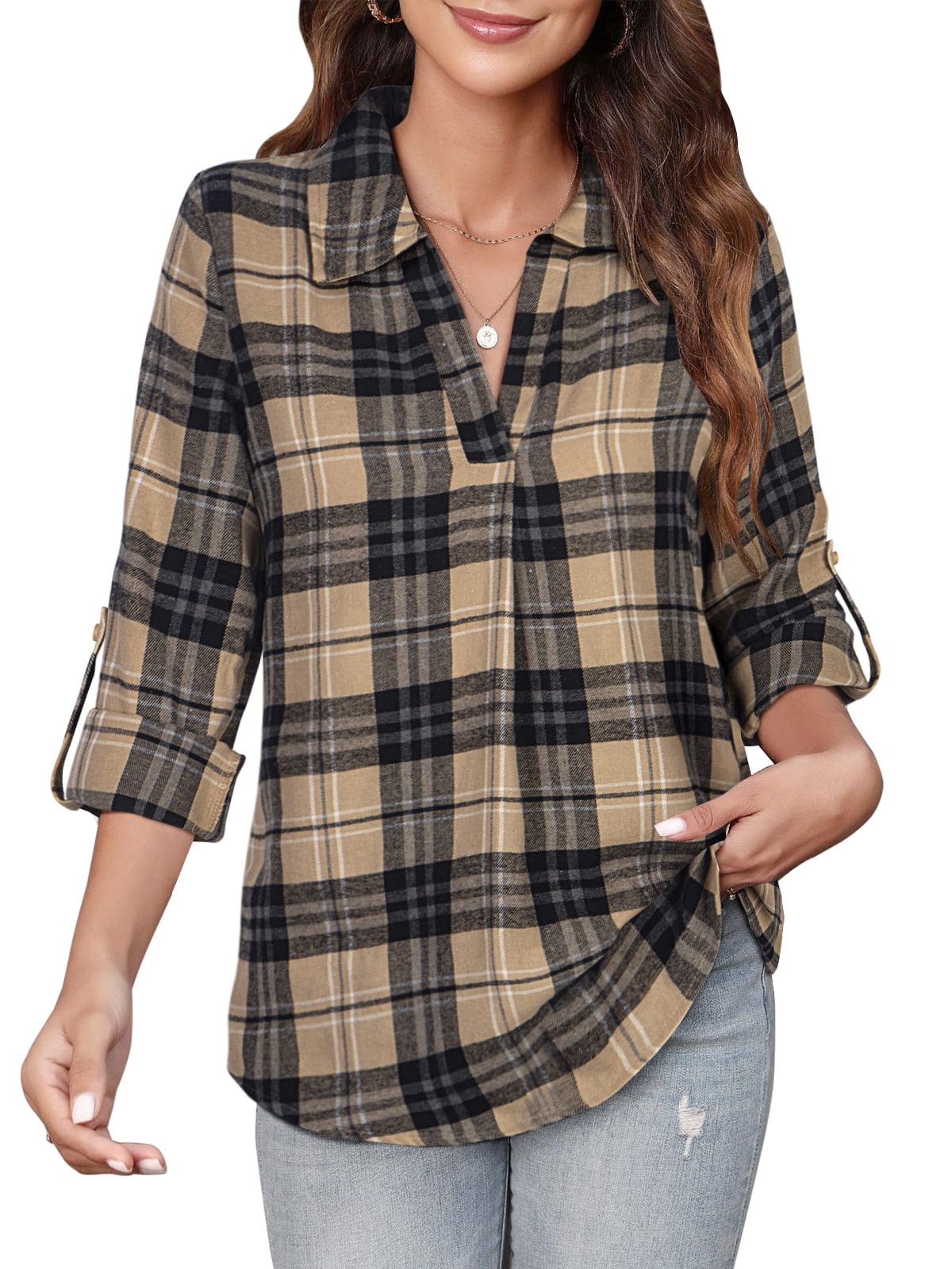 ADREAMLY Women's Plaid Shirts 3/4 Sleeve V Neck Work Blouses for Female ...